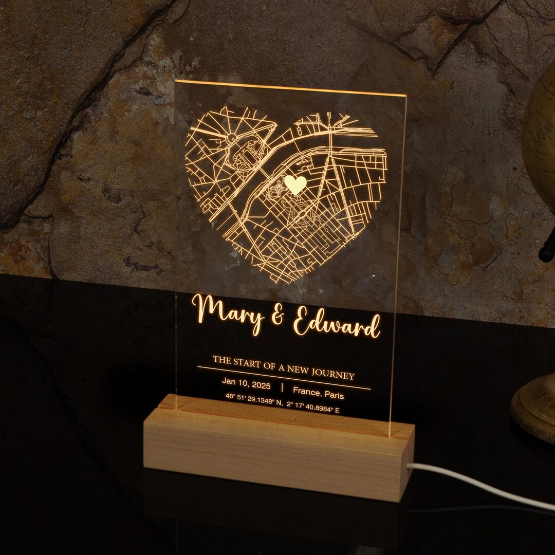 Custom Heart Map Night Light, Personalized Location Map Gift With Names ...