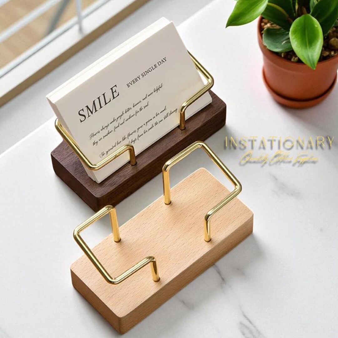 Modern Wood & Brass Card Holder for Desk | Minimalist Display Stand for ...