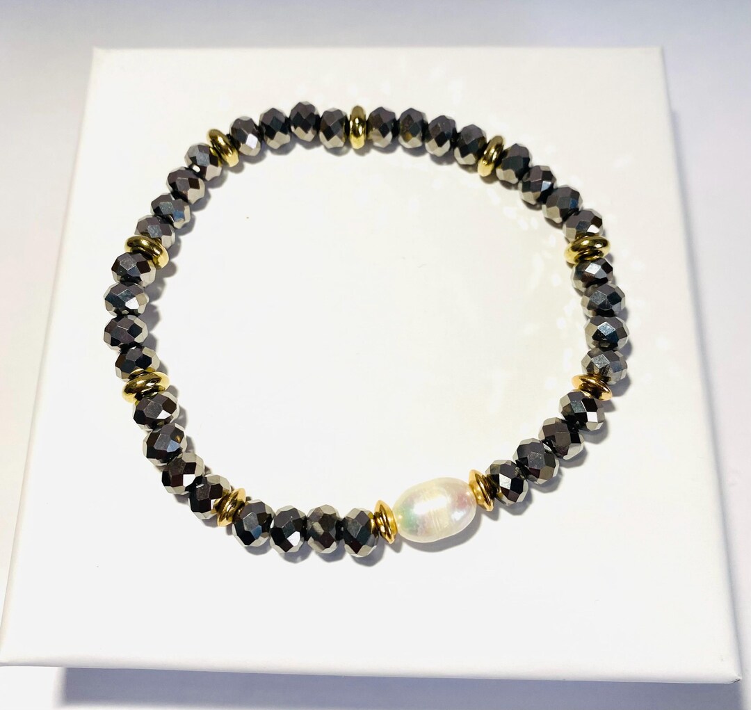 Box Breathing Bracelet With Freshwater Pearl, Iridescent Black Glass ...
