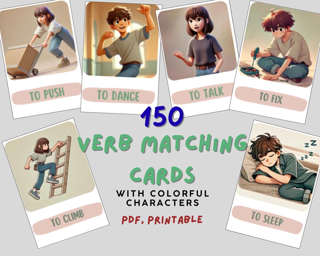 Action Verb Matching Cards: ESL/EFL Printable Learning Game (PDF ...