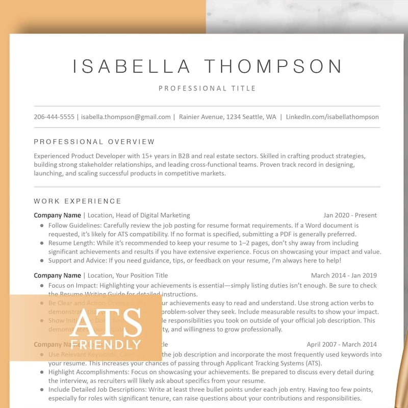 Ats Resume Cv Template - Etsy UK