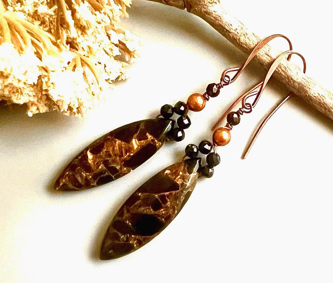 OBSIDIAN With COPPER, Onyx, Pearl/antiqued COPPER Earrings, Natural ...