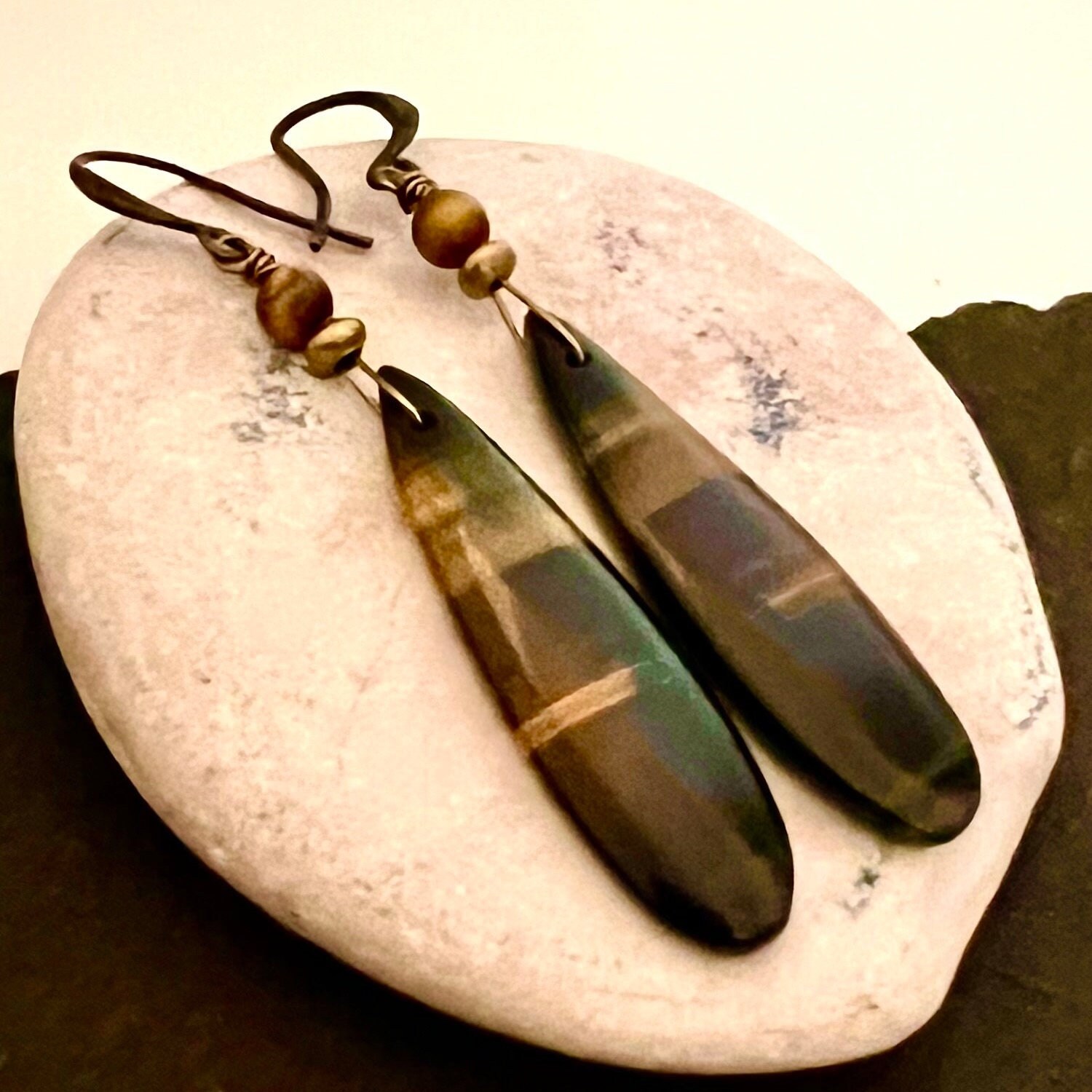 Blue TIGER EYE, Tiger Eye, Brass/bronze Earrings, Natural Stone Dangles ...
