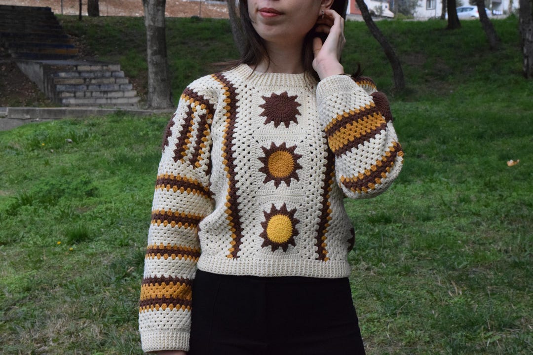 Handmade Sunflower Crochet Sweater, Cozy & Vibrant Boho Style, Handmade ...