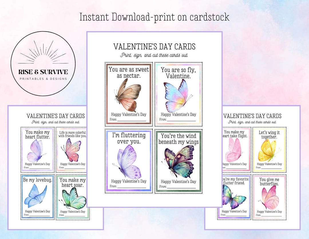 Printable Butterfly Valentines Watercolor Butterfly Valentine Cards for ...