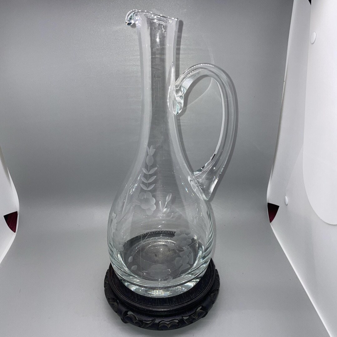 Vintage Glassetched Narrow Neck Pitcher Carafe With Handle 11”tall W ...