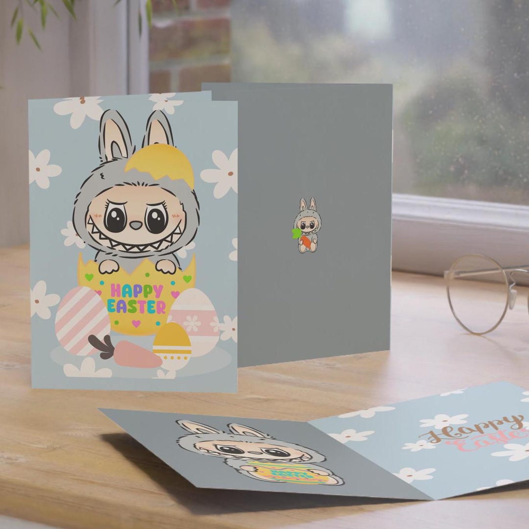 Labubu Easter Greeting Cards Happy Easter Labubu Grey (1pc, 10pcs) 5" X ...