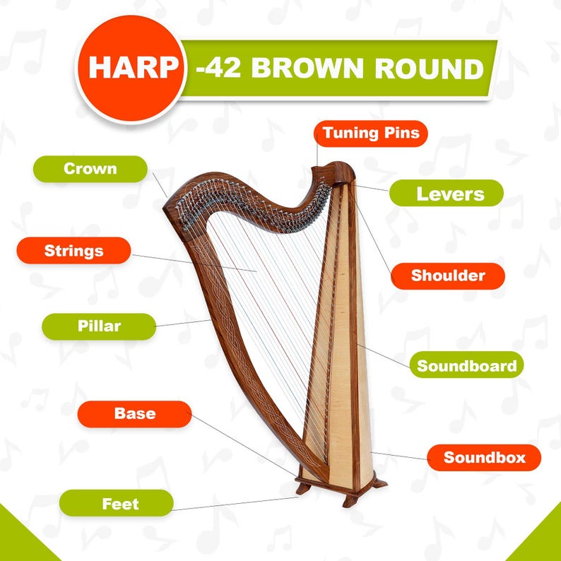 Handmade 42 String Irish Lever Harp, Celtic Wooden Harp Instrument ...
