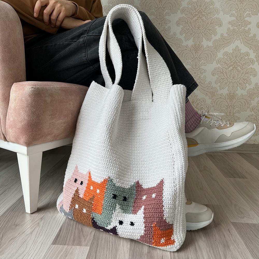 Crochet Cat Tote Bag Pattern PDF – Colorful Kitty Purse Tutorial ...