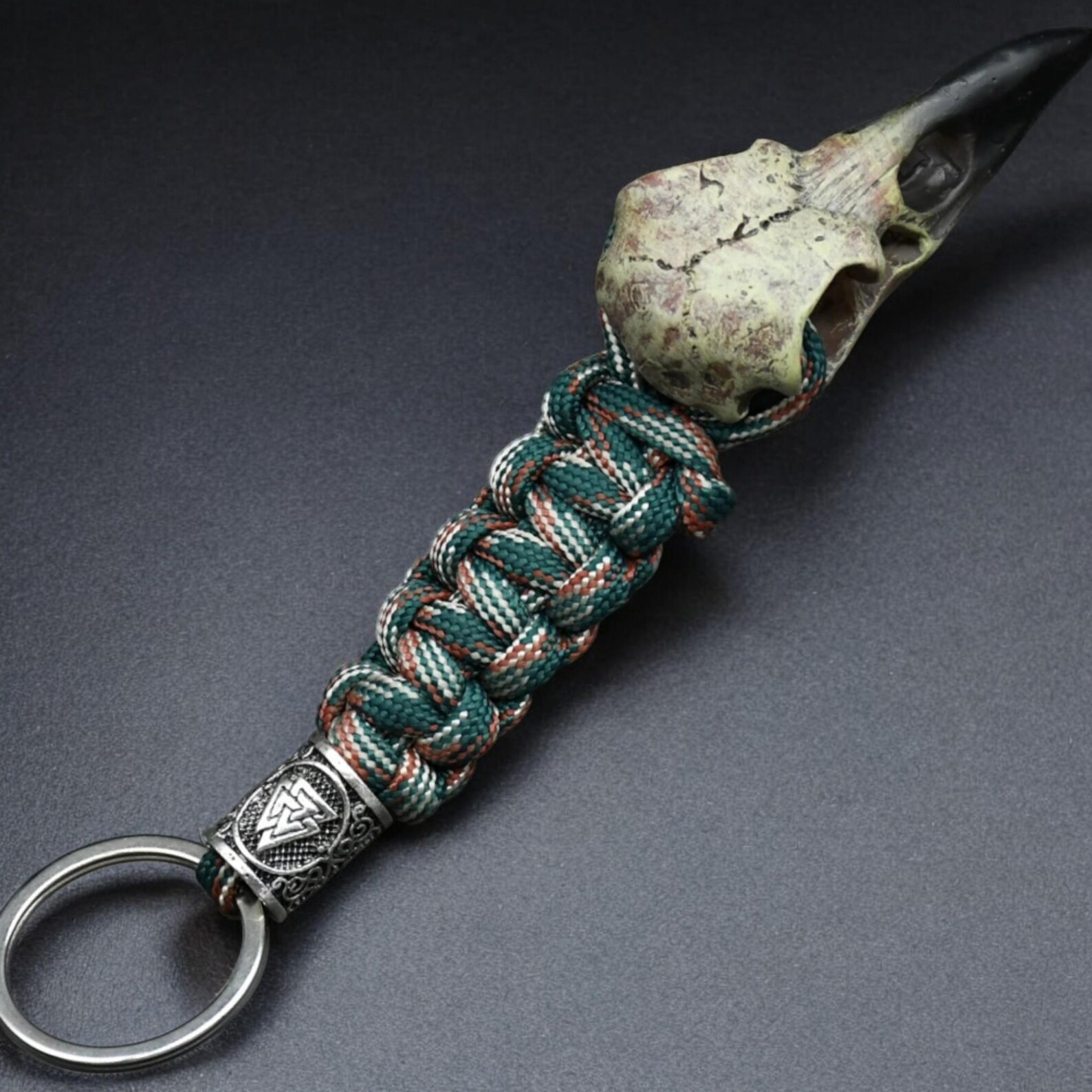 Viking Raven Skull Keychain – Nordic Runes Paracord Key Holder for Men ...