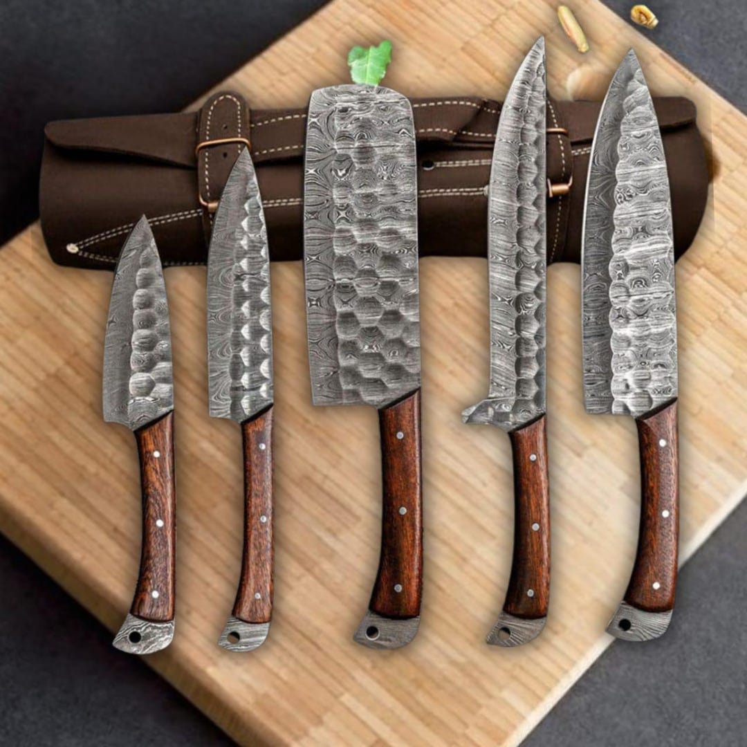 Hand-forged Damascus Steel 5-piece Kitchen Knife Set With Leather ...