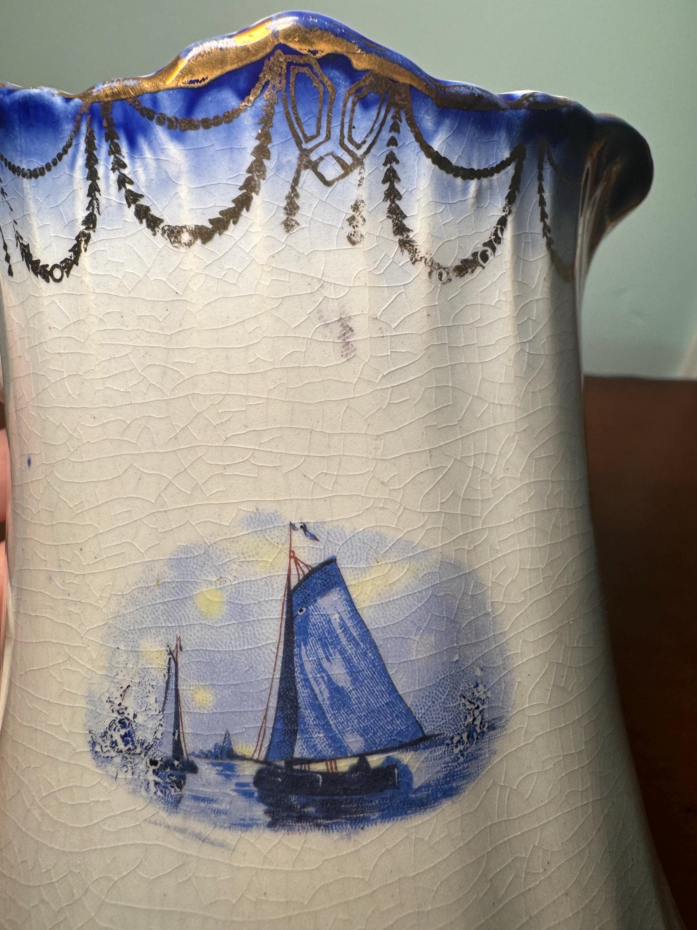 Antique Flow Blue Water Pitcher With Sailboat Design - Etsy