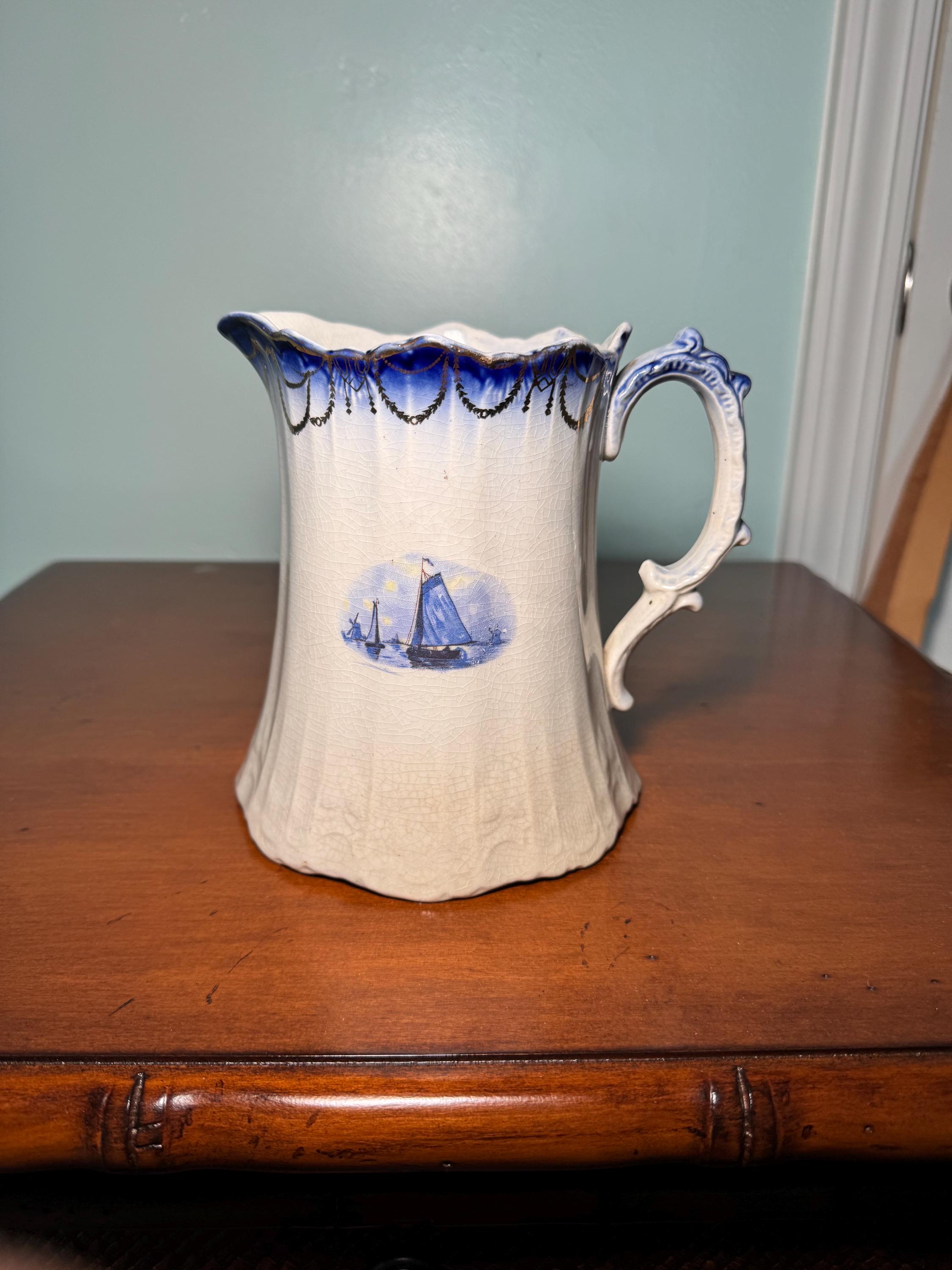 Antique Flow Blue Water Pitcher With Sailboat Design - Etsy