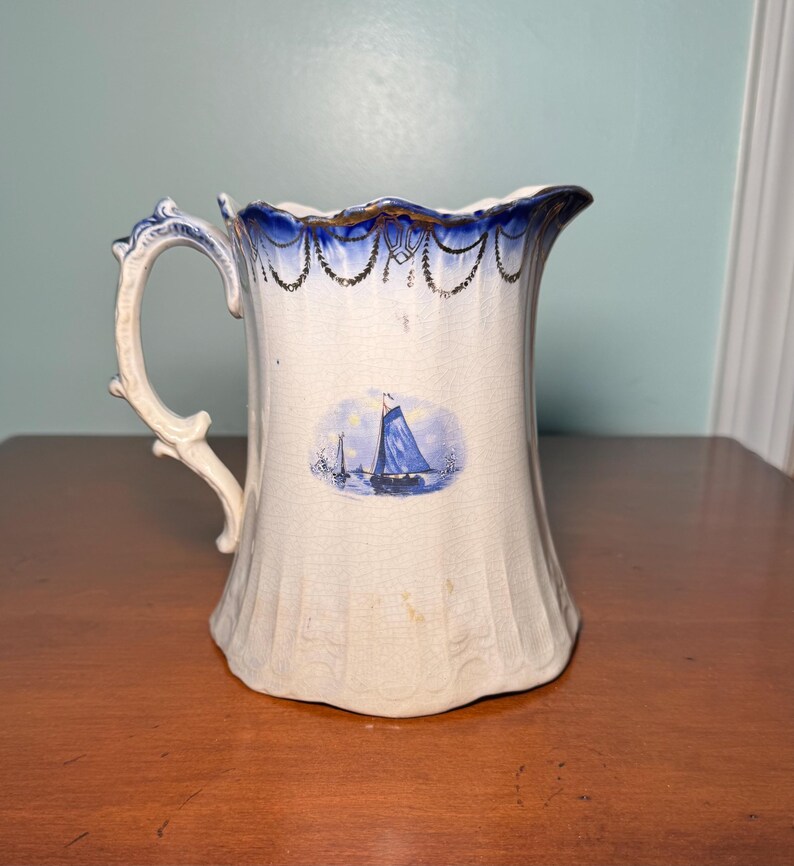 Antique Flow Blue Water Pitcher With Sailboat Design - Etsy