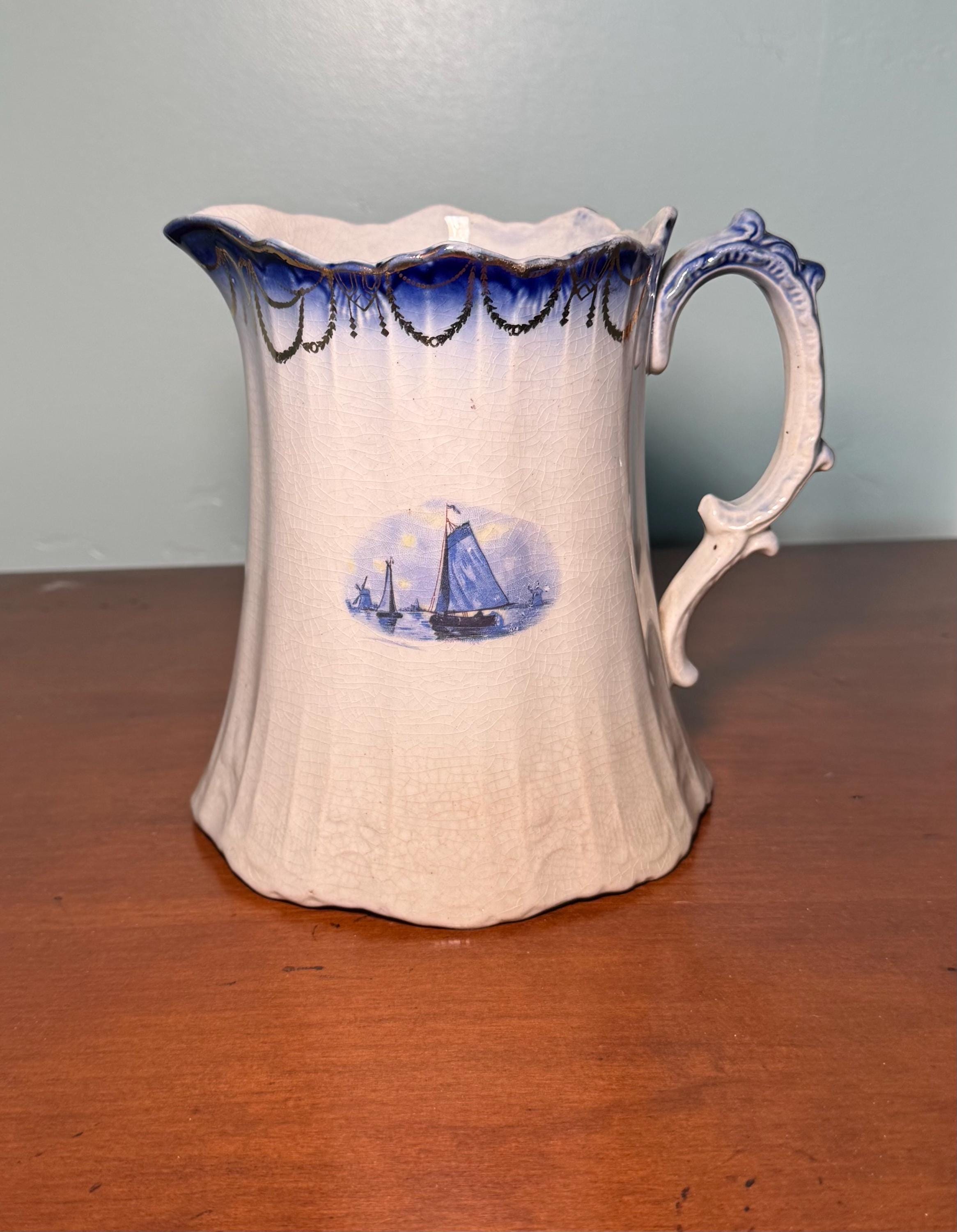 Antique Flow Blue Water Pitcher With Sailboat Design - Etsy