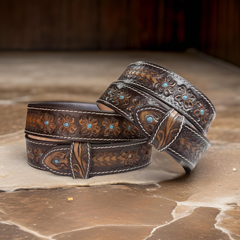 Tooled Western Floral Engraved Leather Belt 100% Genuine Full Grain ...