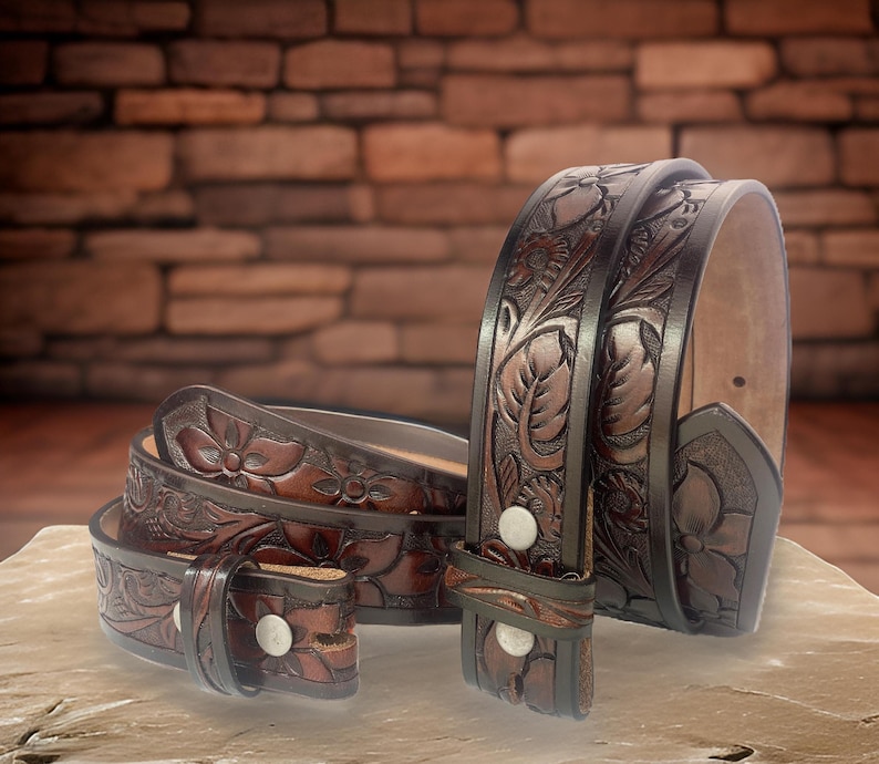 Full Grain Leather Snap-on Belt, Tooled Western Floral Engraved Leather ...