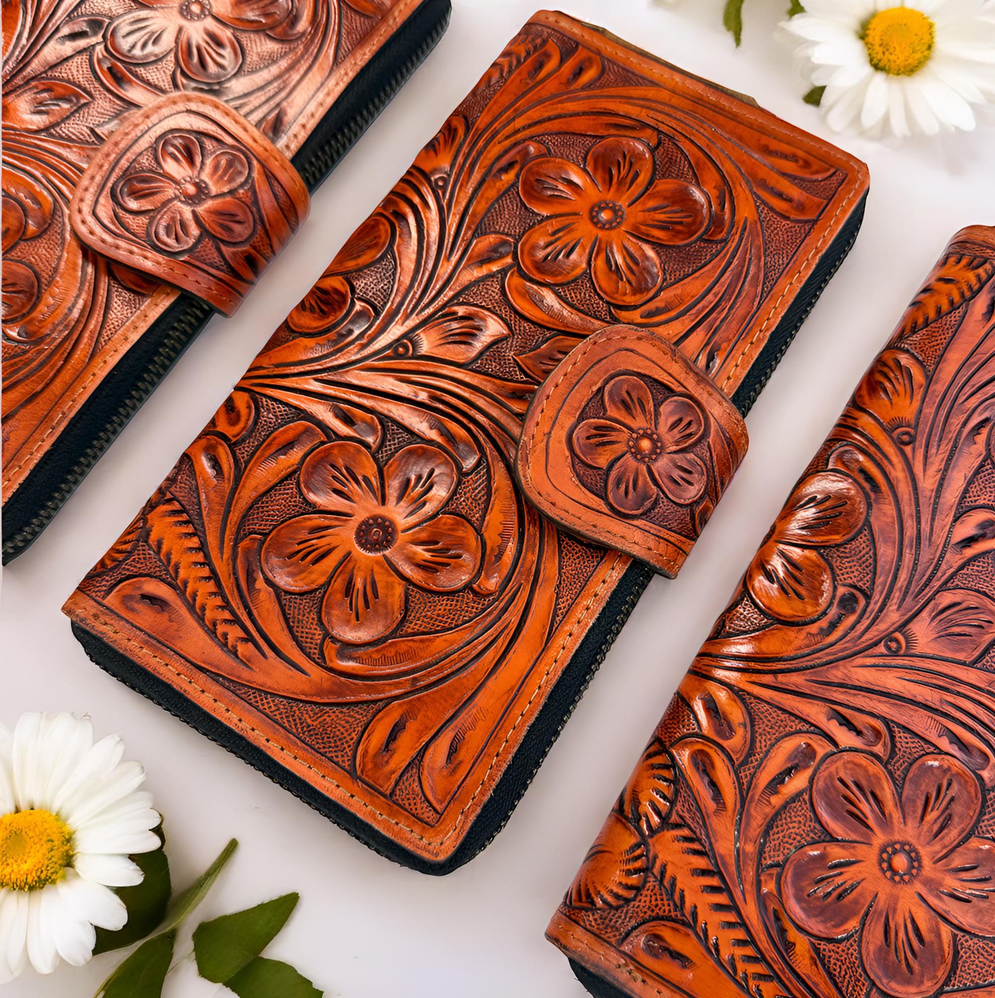 Western Carved Women's Leather Wallet, Tooled Wallet Zip Purse Clutch ...