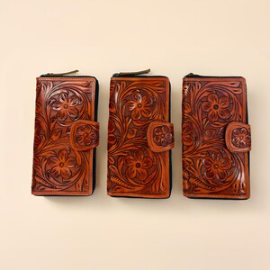 Western Carved Women's Leather Wallet, Tooled Wallet Zip Purse Clutch ...