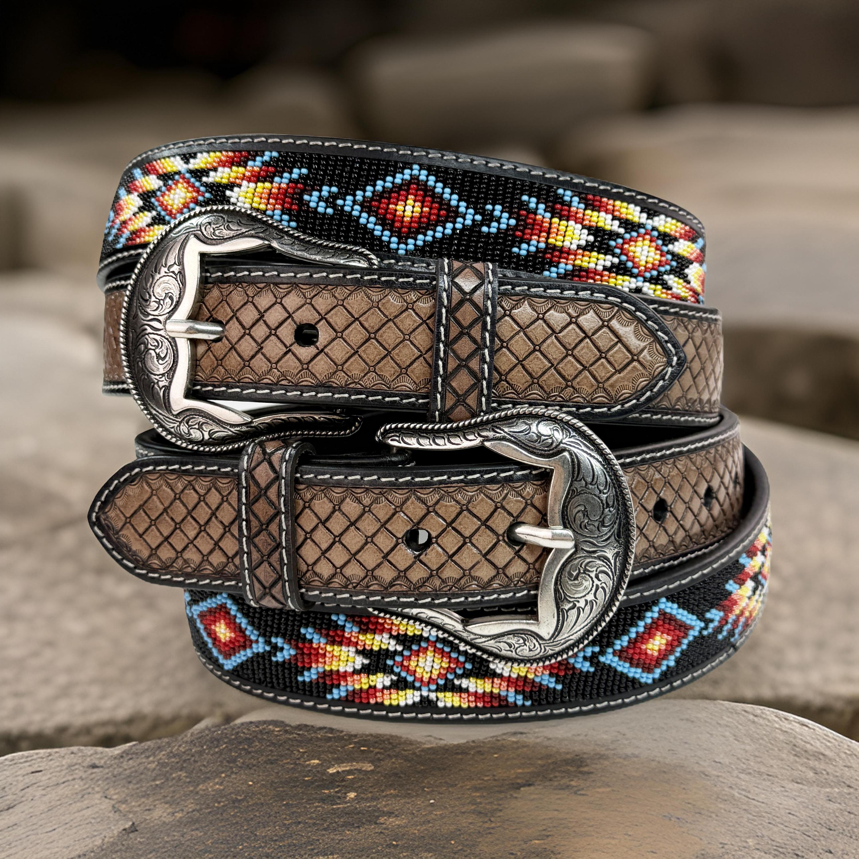 Beaded Leather Tooled Western Engraved Leather Belt 100% Genuine Full ...