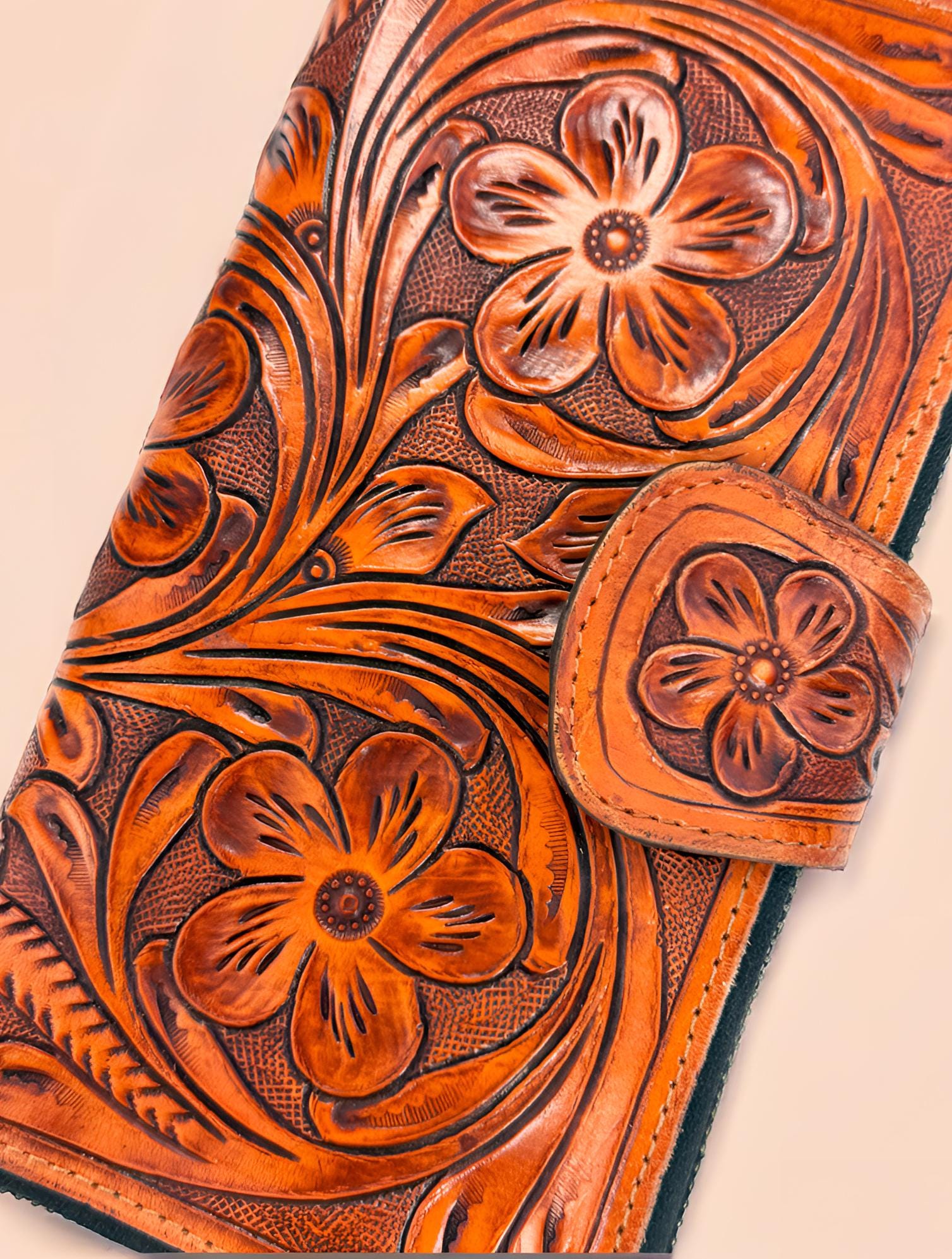Western Carved Women's Leather Wallet, Tooled Wallet Zip Purse Clutch ...