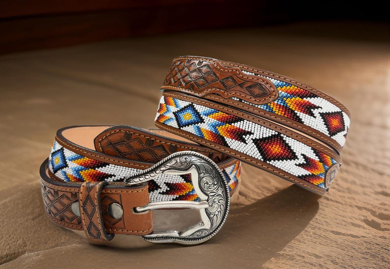 Beaded Leather Tooled Western Engraved Leather Belt 100% Genuine Full ...