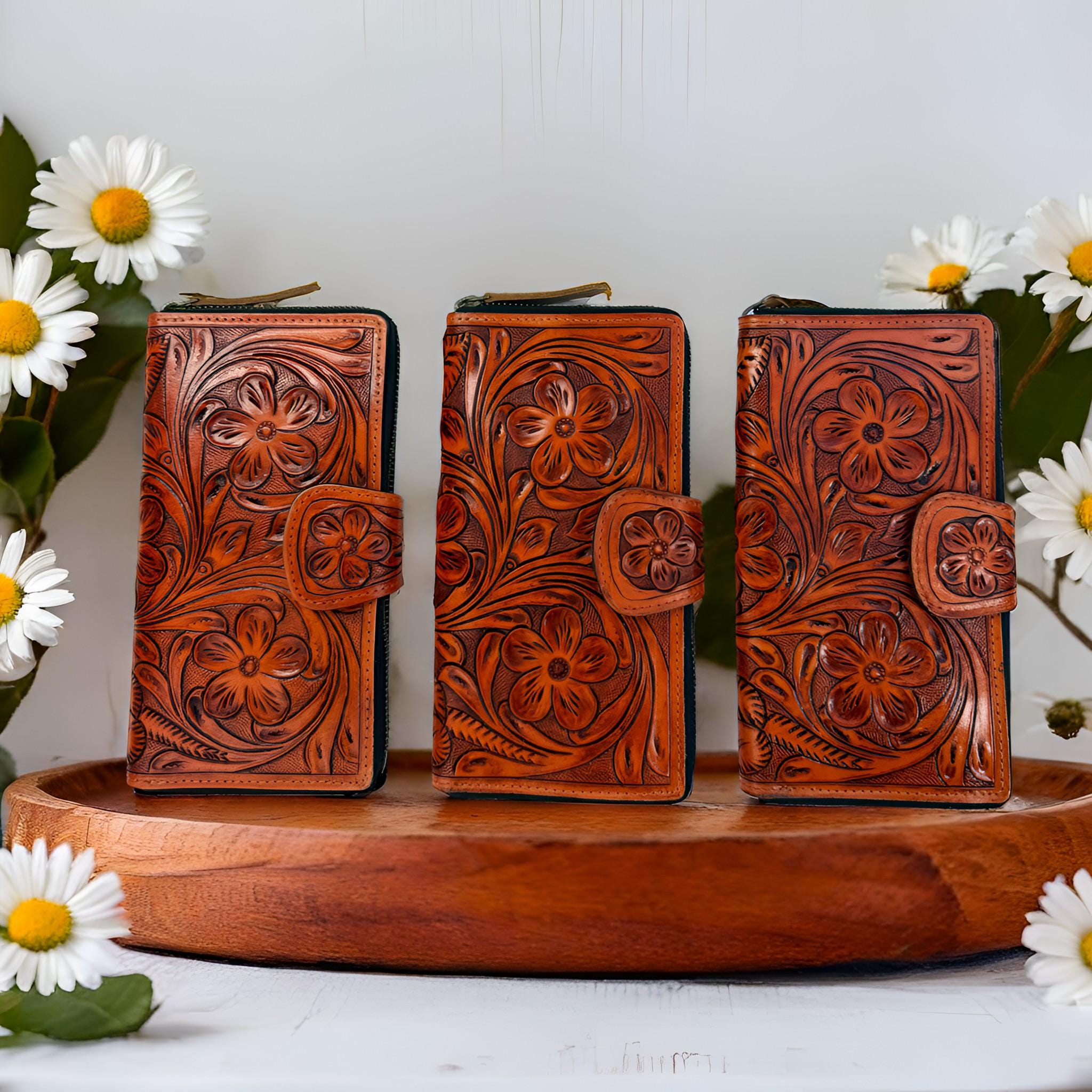 Western Carved Women's Leather Wallet, Tooled Wallet Zip Purse Clutch ...