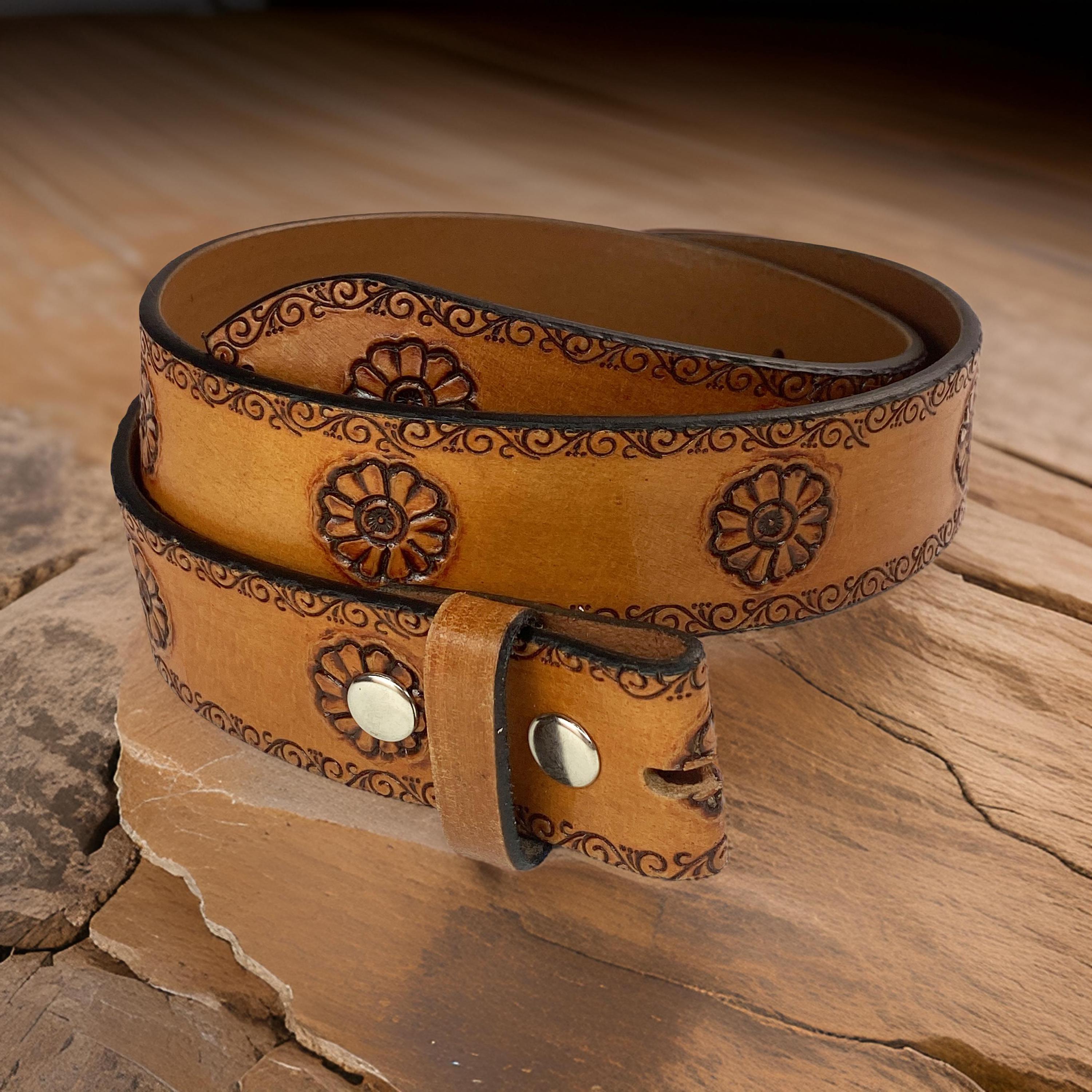 Full Grain Leather Snap-on Belt, Tooled Western Floral Engraved Leather ...