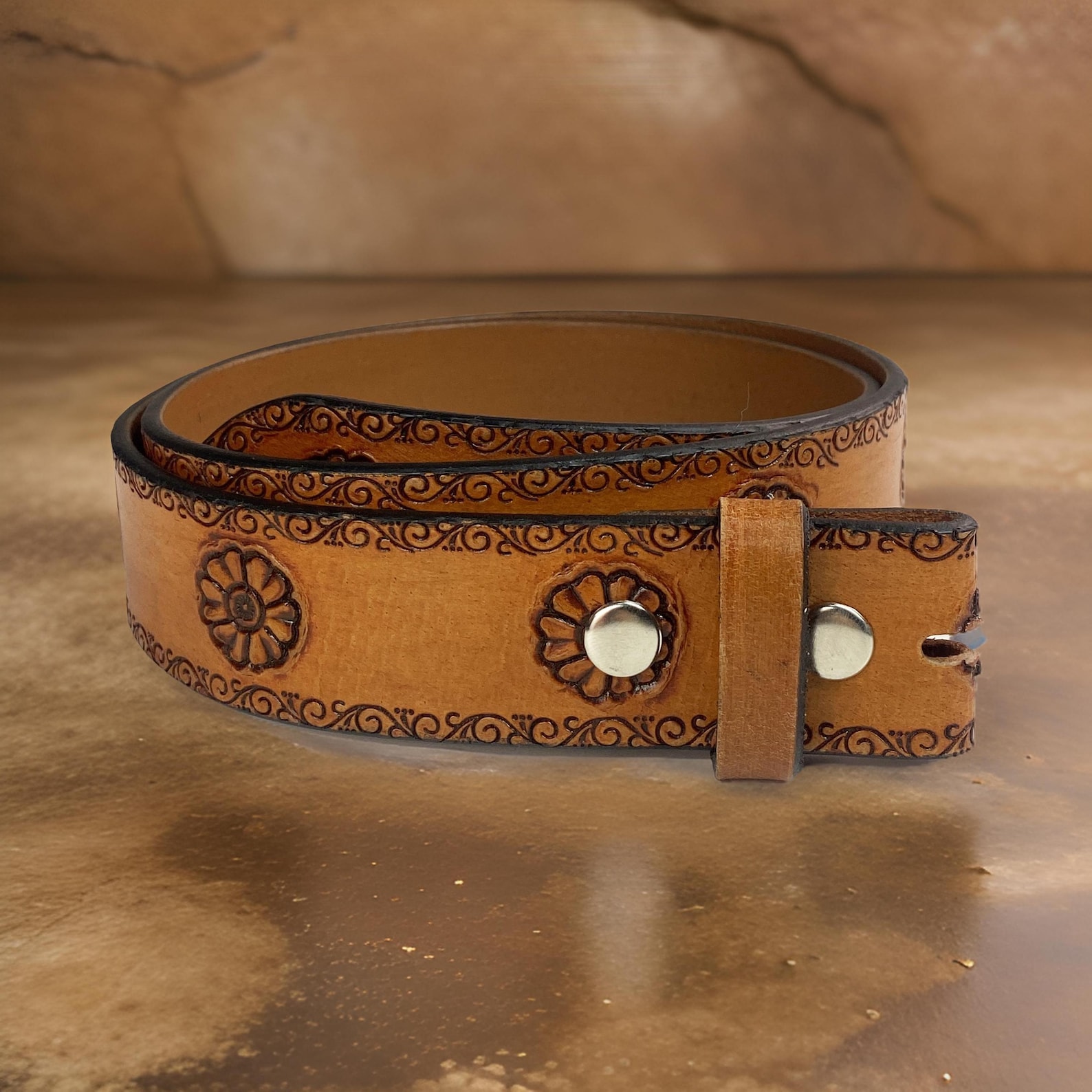 Full Grain Leather Snap-on Belt, Tooled Western Floral Engraved Leather ...