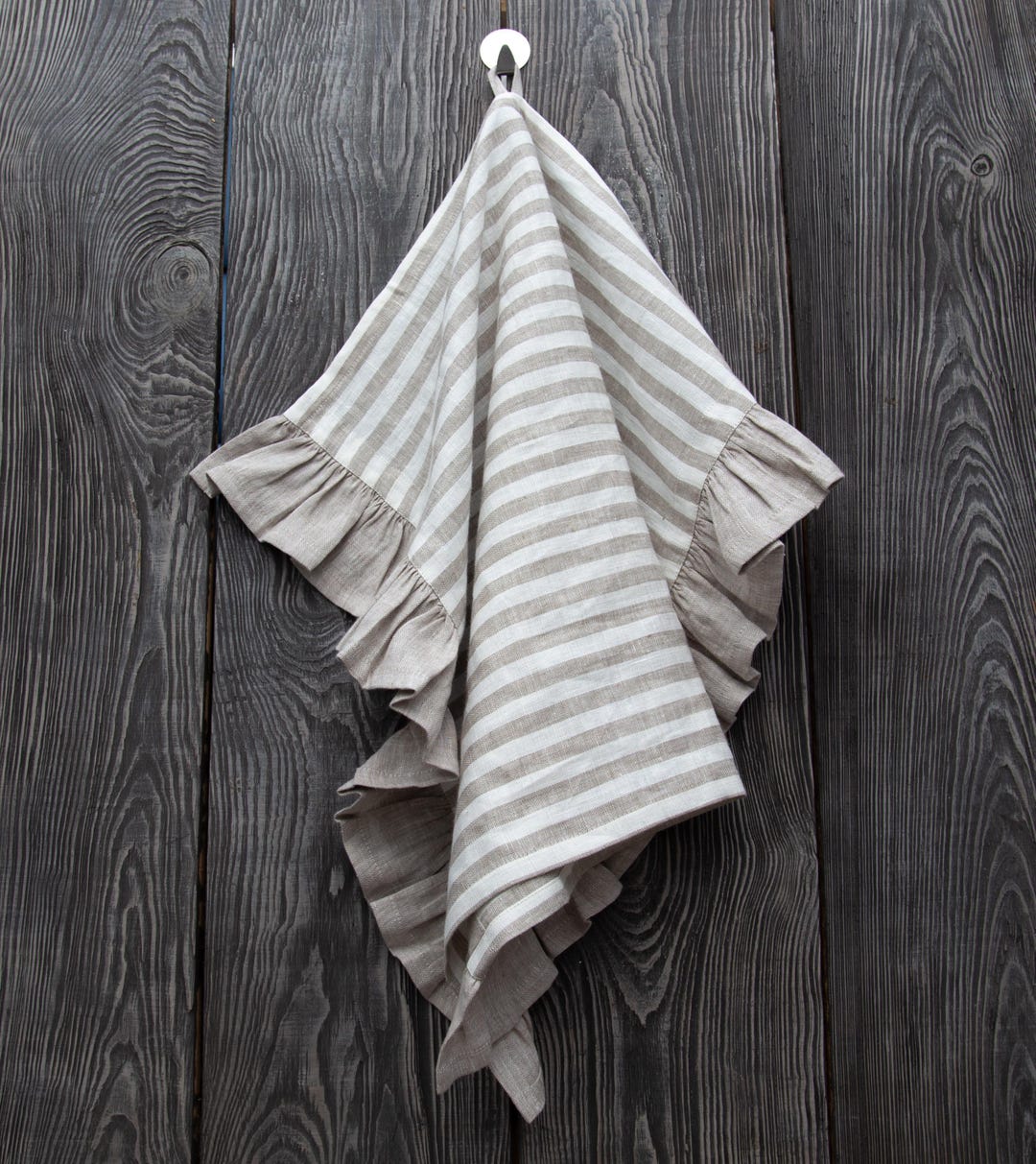 Heather Stripe Ruffled Linen Kitchen Towels With Loop Natural Beige ...