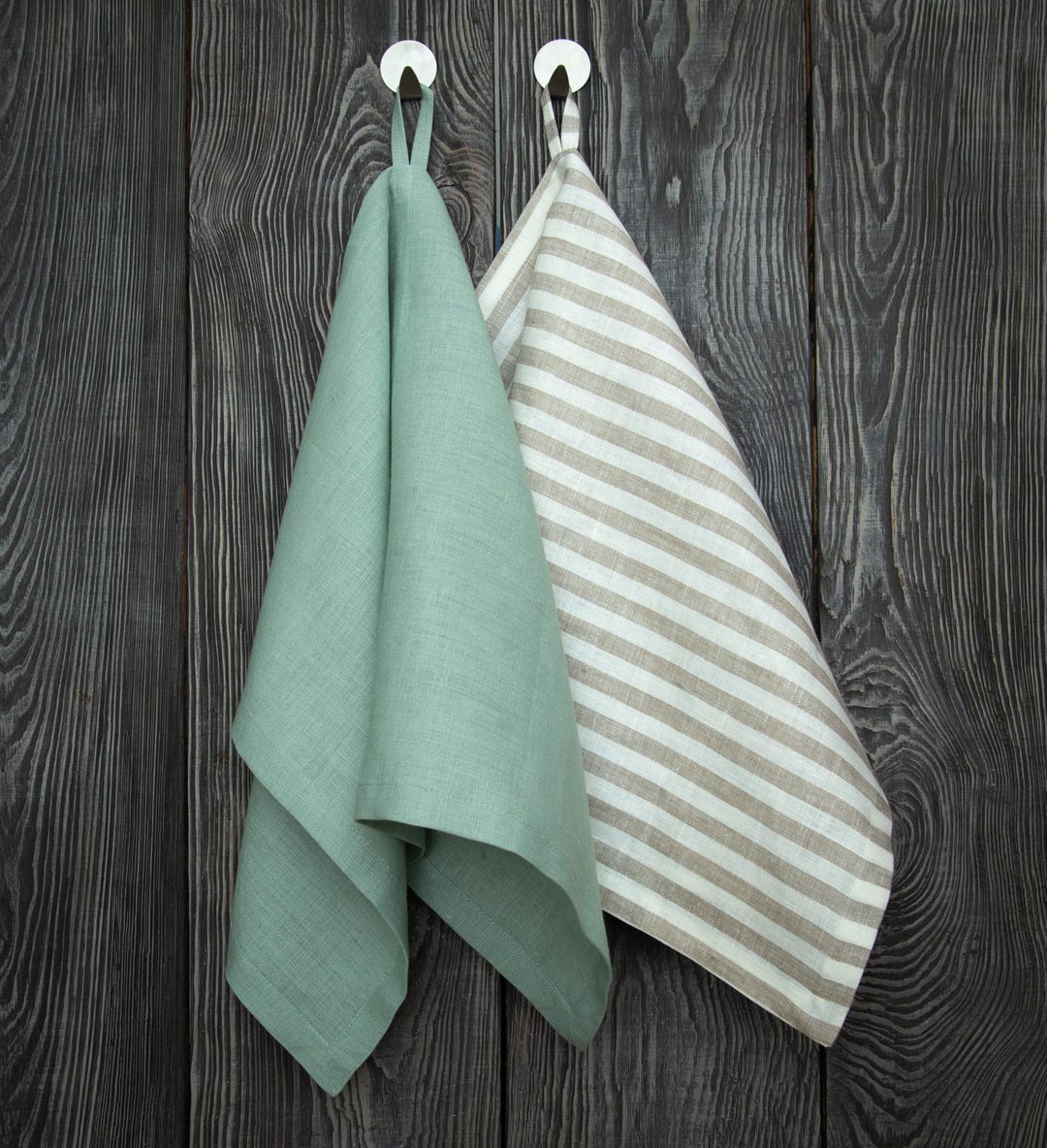 Set 2 Linen Kitchen Towels With Loop Mint & Heather Stripe - Natural ...