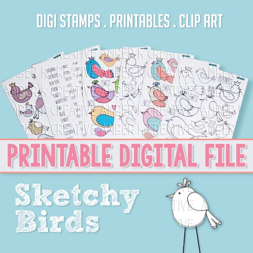 Sketchy Birds Printable Digi Stamps Clip Art | Etsy