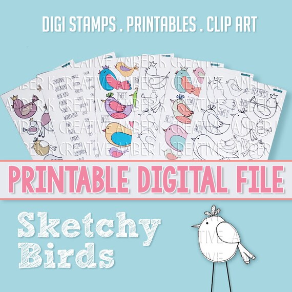 Sketchy Birds Printable Digi Stamps Clip Art | Etsy