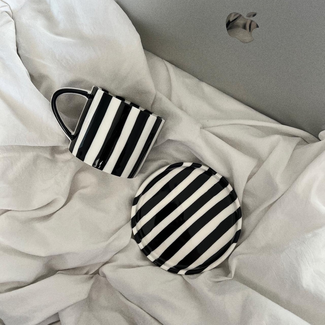 Striped Coffee Mug With Saucer・black White Ceramic Cup・modern Aesthetic ...