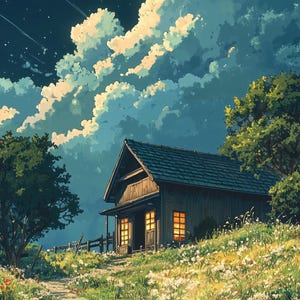 Anime Style House in a Starry Night Field - Digital Artwork Print - Etsy