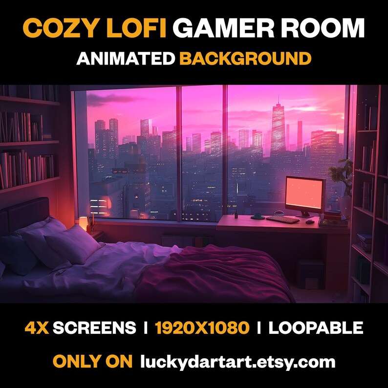 Lo-fi Neon City View Gamer Room Stream Overlay | Animated | Overlay ...