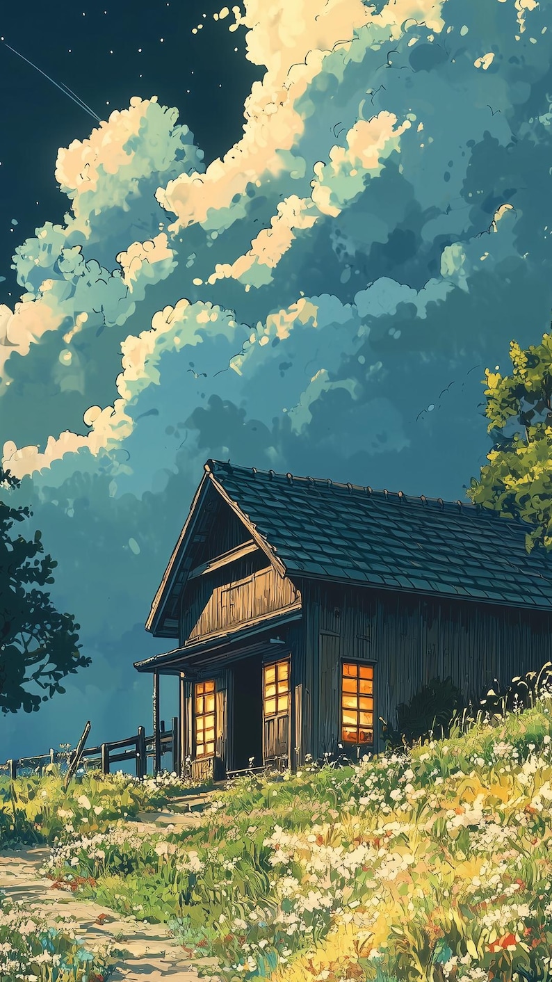 Anime Style House in a Starry Night Field - Digital Artwork Print - Etsy