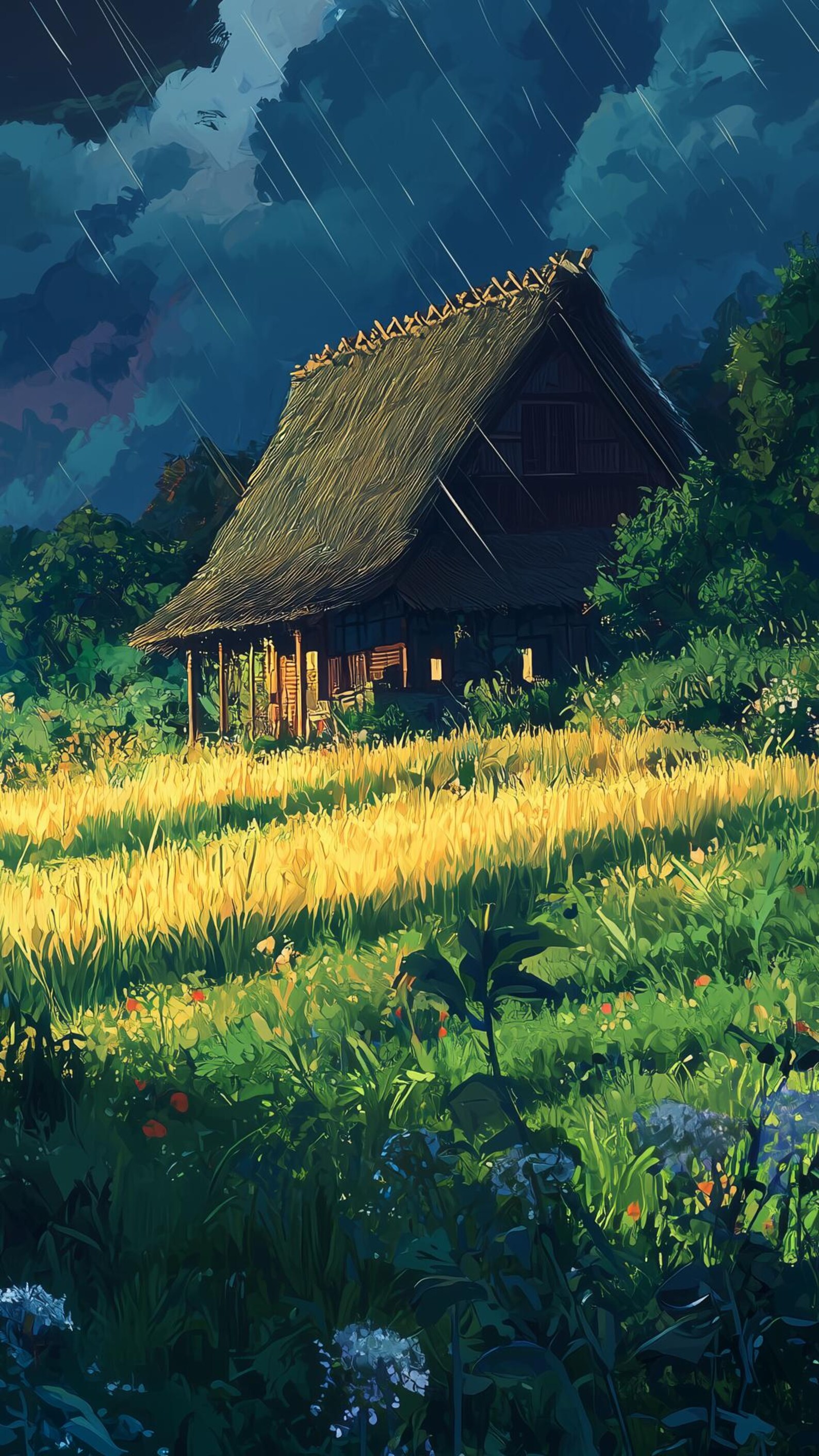 Anime-inspired Rainy Field With Cottage - Digital Illustration - Etsy