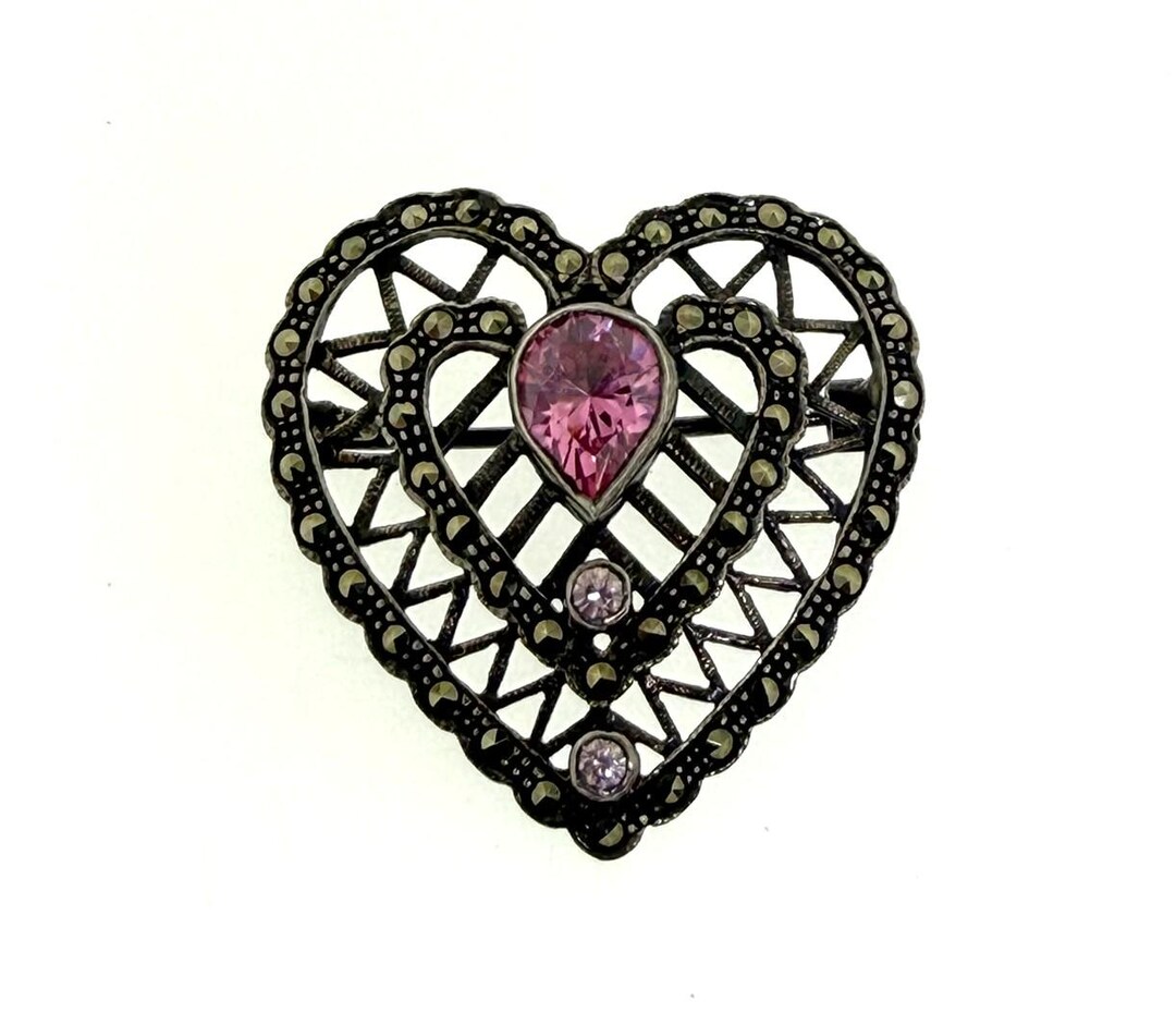 Vintage Sterling Silver Marcasite Heart Brooch Pink Crystal Art Deco ...