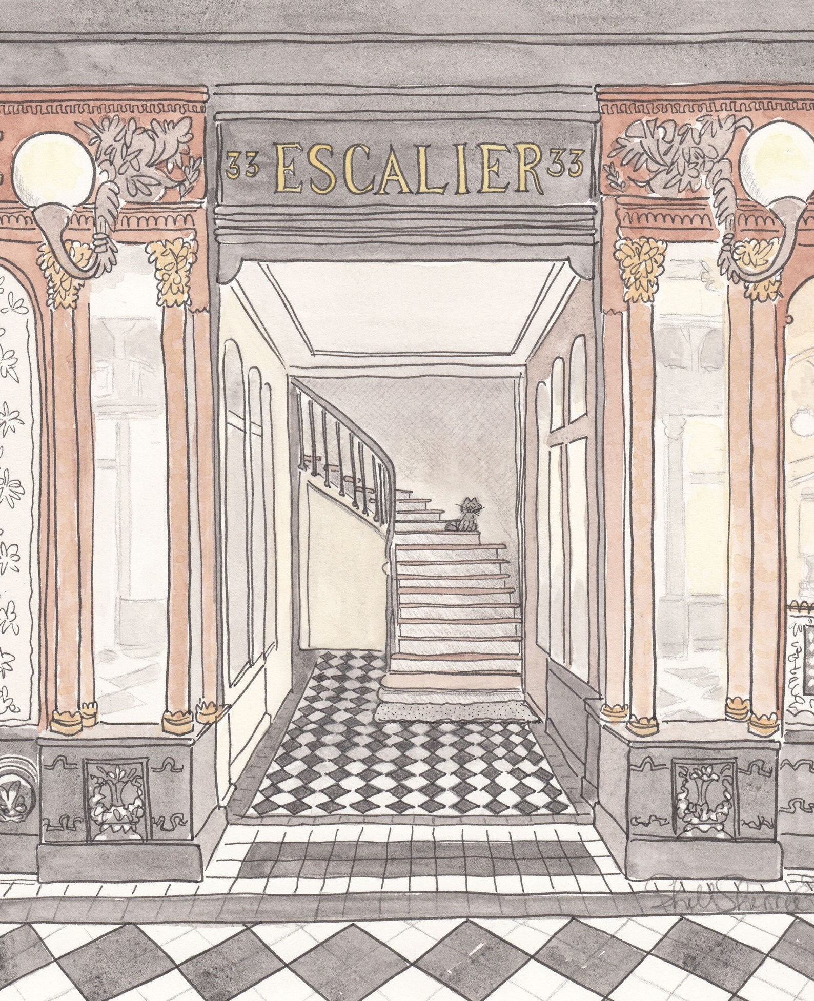 Paris Print French Architecture Staircase and Checkerboard Floor ...