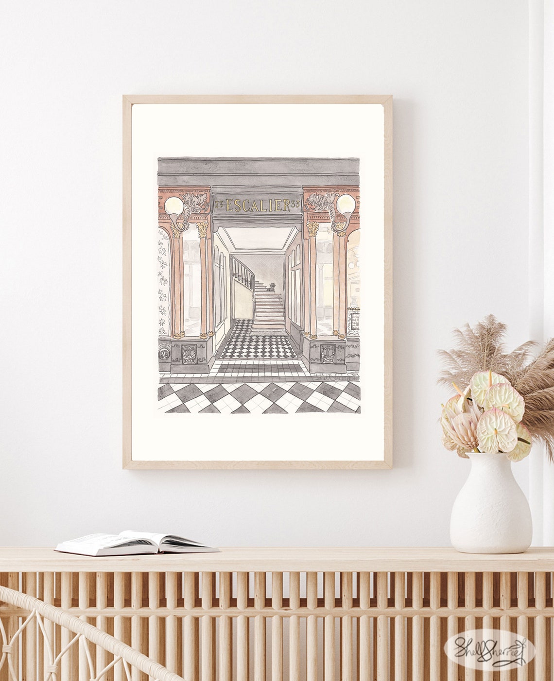 Paris Print French Architecture Staircase and Checkerboard Floor ...