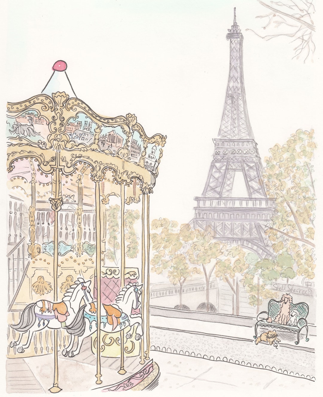 Paris Carousel at Trocadero With Eiffel Tower Art Print - French ...