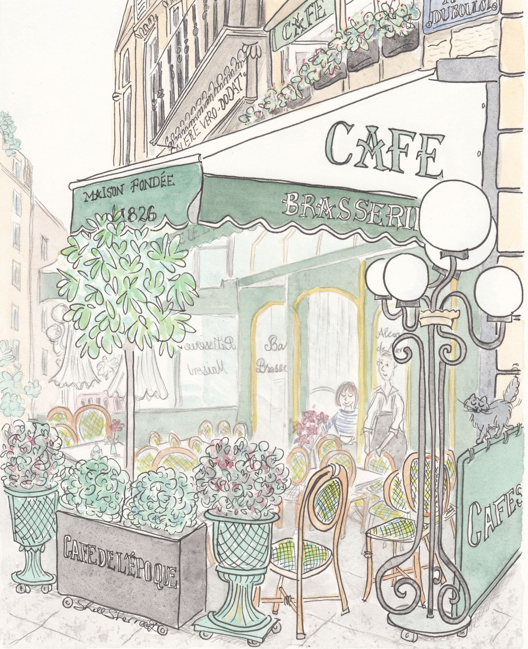 French Cafe Wall Art Painting - Paris Cafe De L'epoque Illustration ...