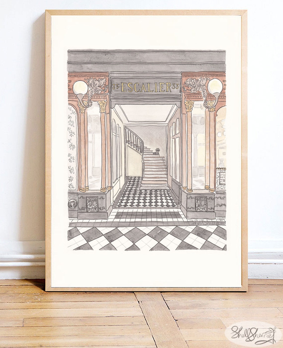 Paris Print French Architecture Staircase and Checkerboard Floor ...