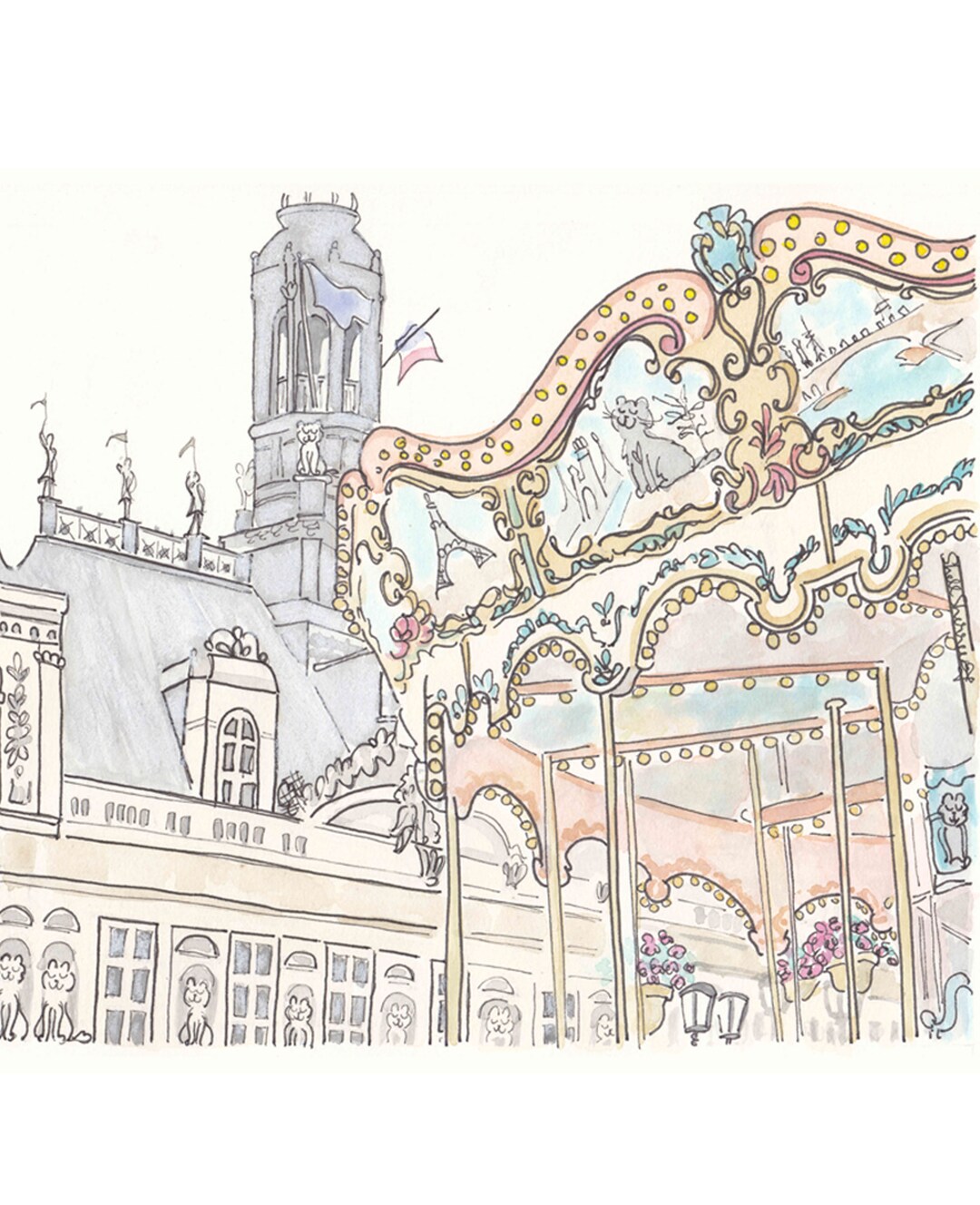 Paris Carousel Illustration Art Print - Hotel De Ville - Etsy