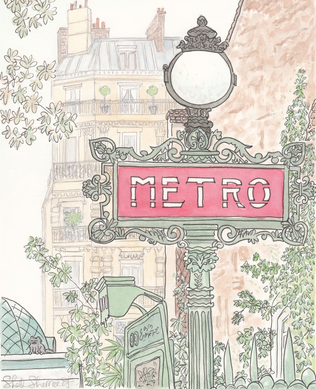 Paris Metro Sign Print With Buildings and Greenery - French Wall Art ...