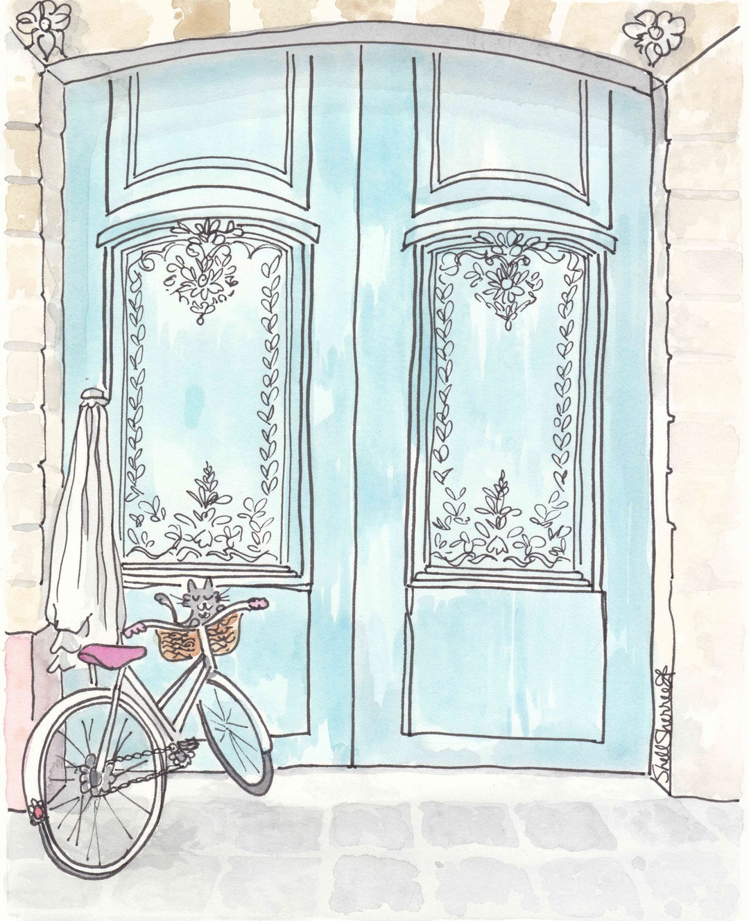 Paris Doors Wall Art Print With Bicycle With Cat Wall Art - Etsy