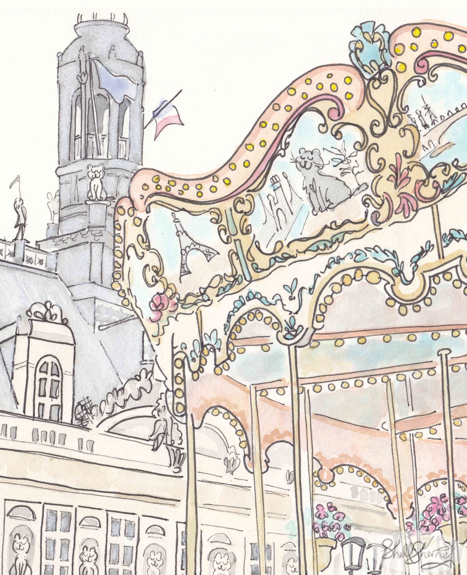 Paris Carousel Illustration Art Print - Hotel De Ville - Etsy