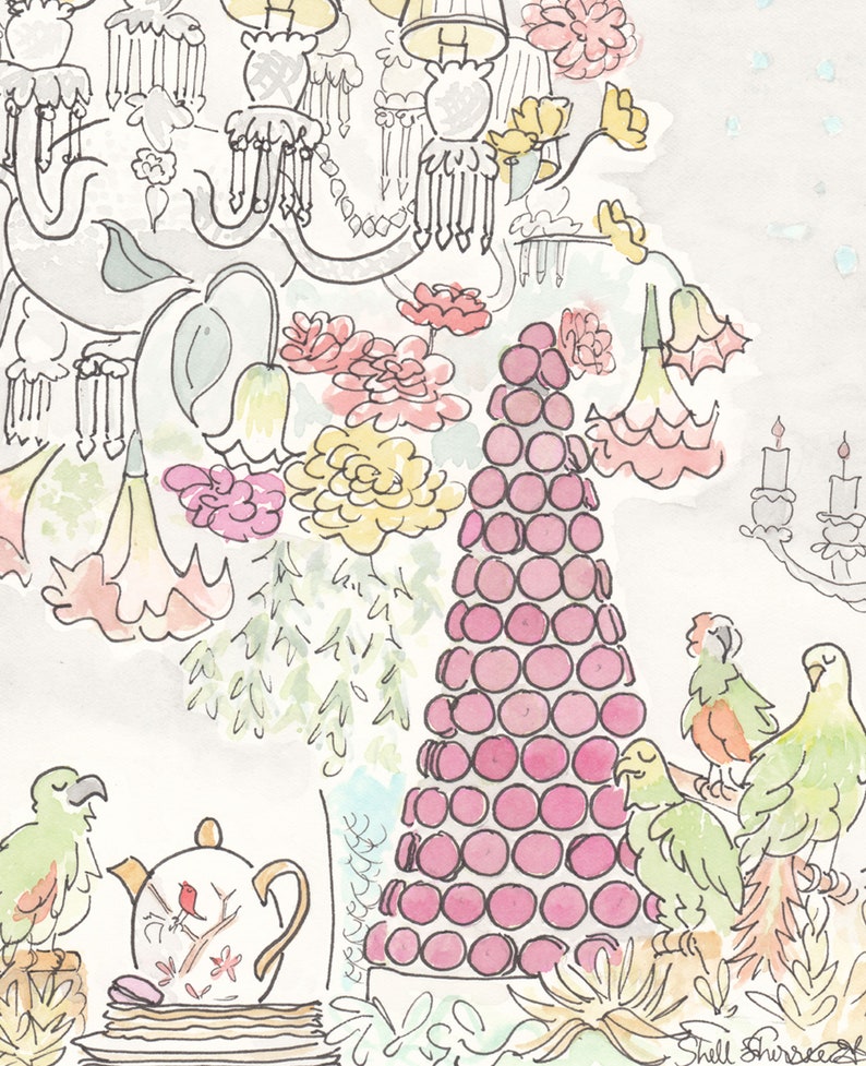 Chinoiserie Macaron Tea Party Print: Birds Watercolor Illustration - Etsy