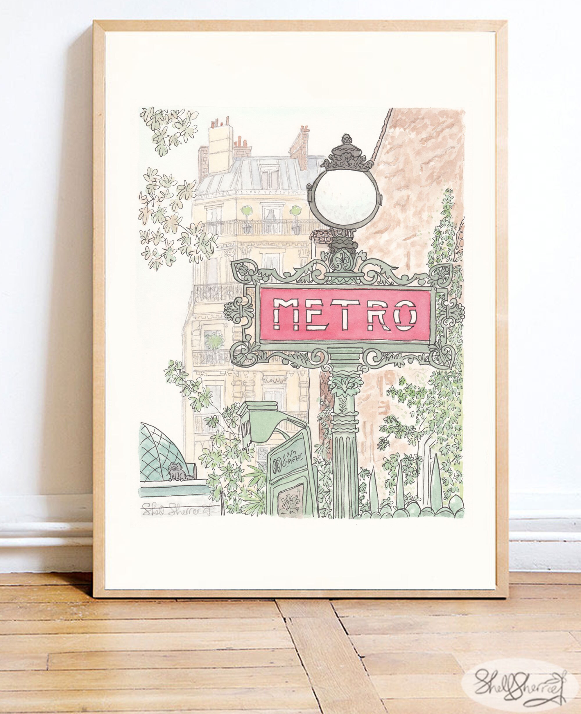 Paris Metro Sign Print With Buildings and Greenery - French Wall Art ...